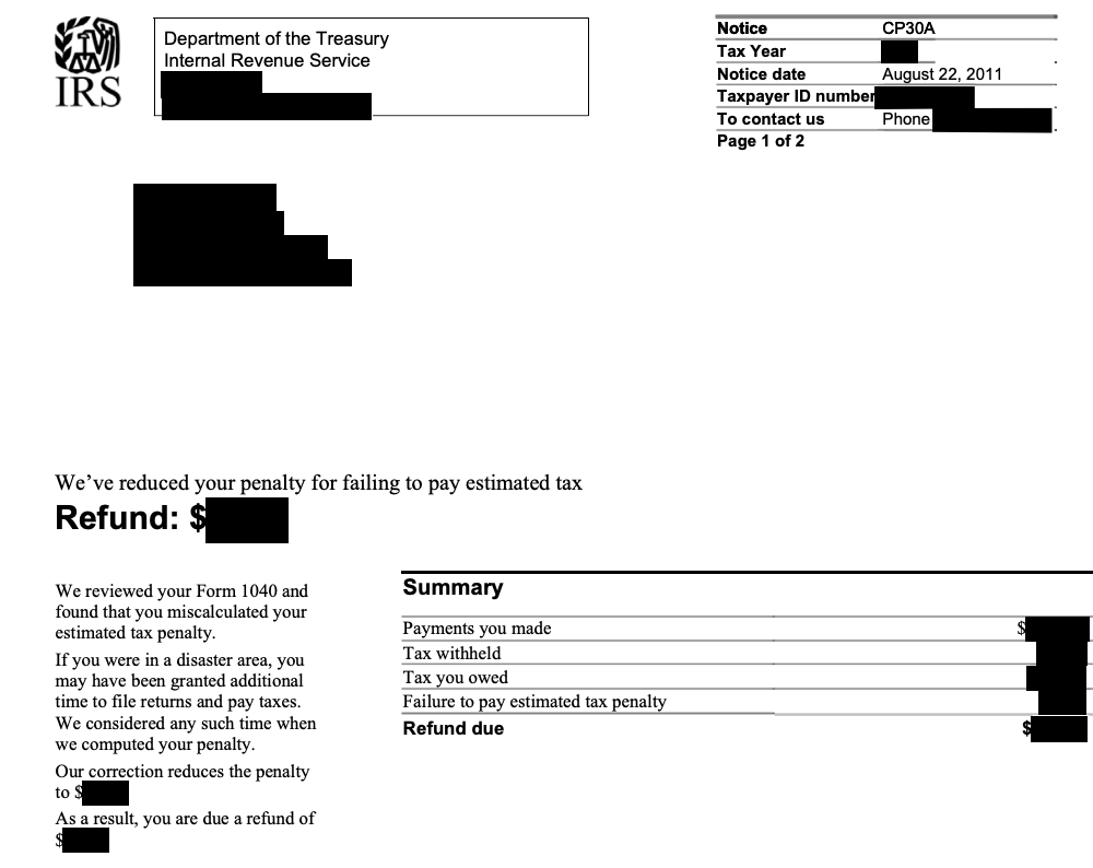 IRS Notice CP30A – Estimated Tax Penalty Reduced or Removed